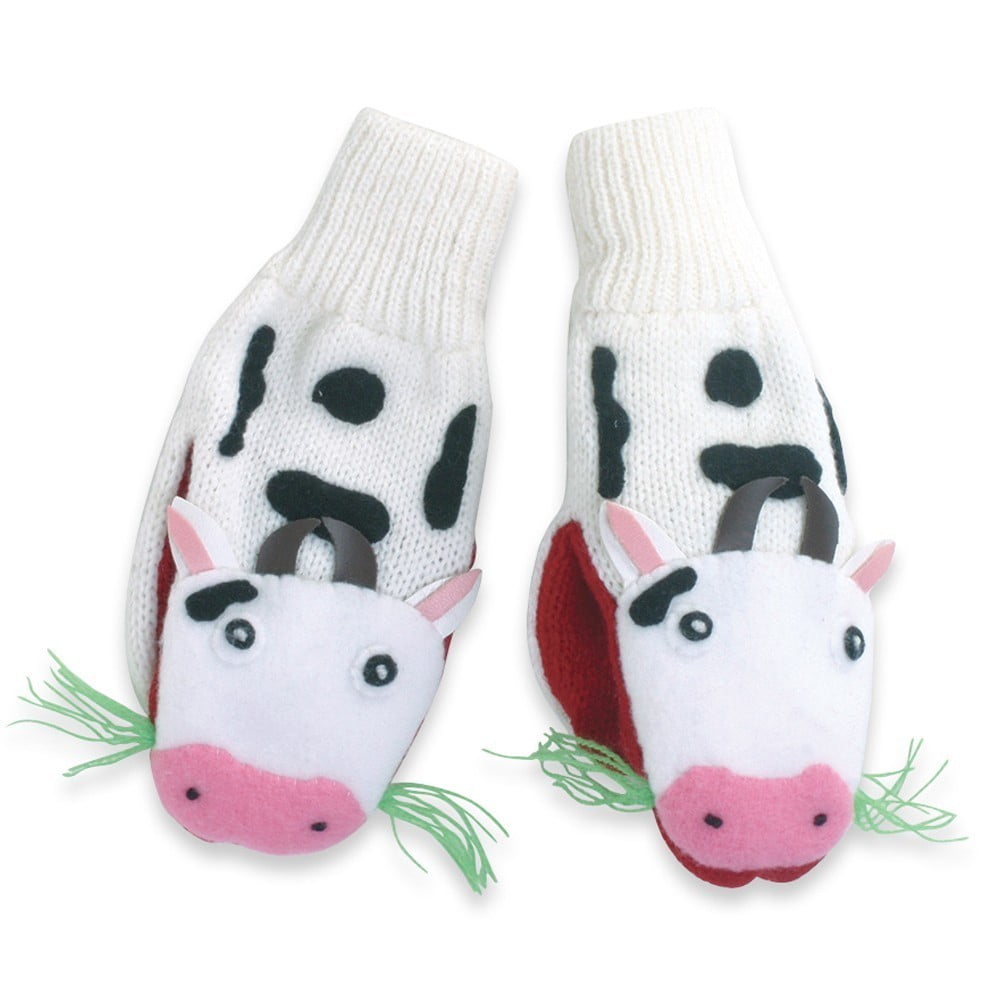 Kidorable - Unisex White Cow Knit Ribbed Cuff Puppet Mittens Medium ...