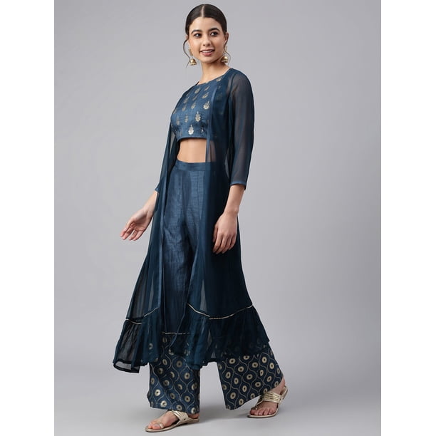 Janasya Indian Women's Teal Poly Silk Foil Print Crop Top with Palazzo ...