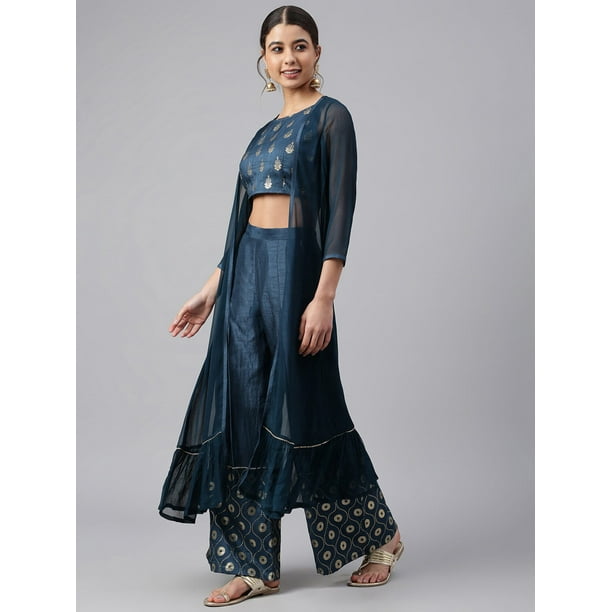 Janasya Indian Womens Teal Poly Silk Foil Print Crop Top With Palazzo