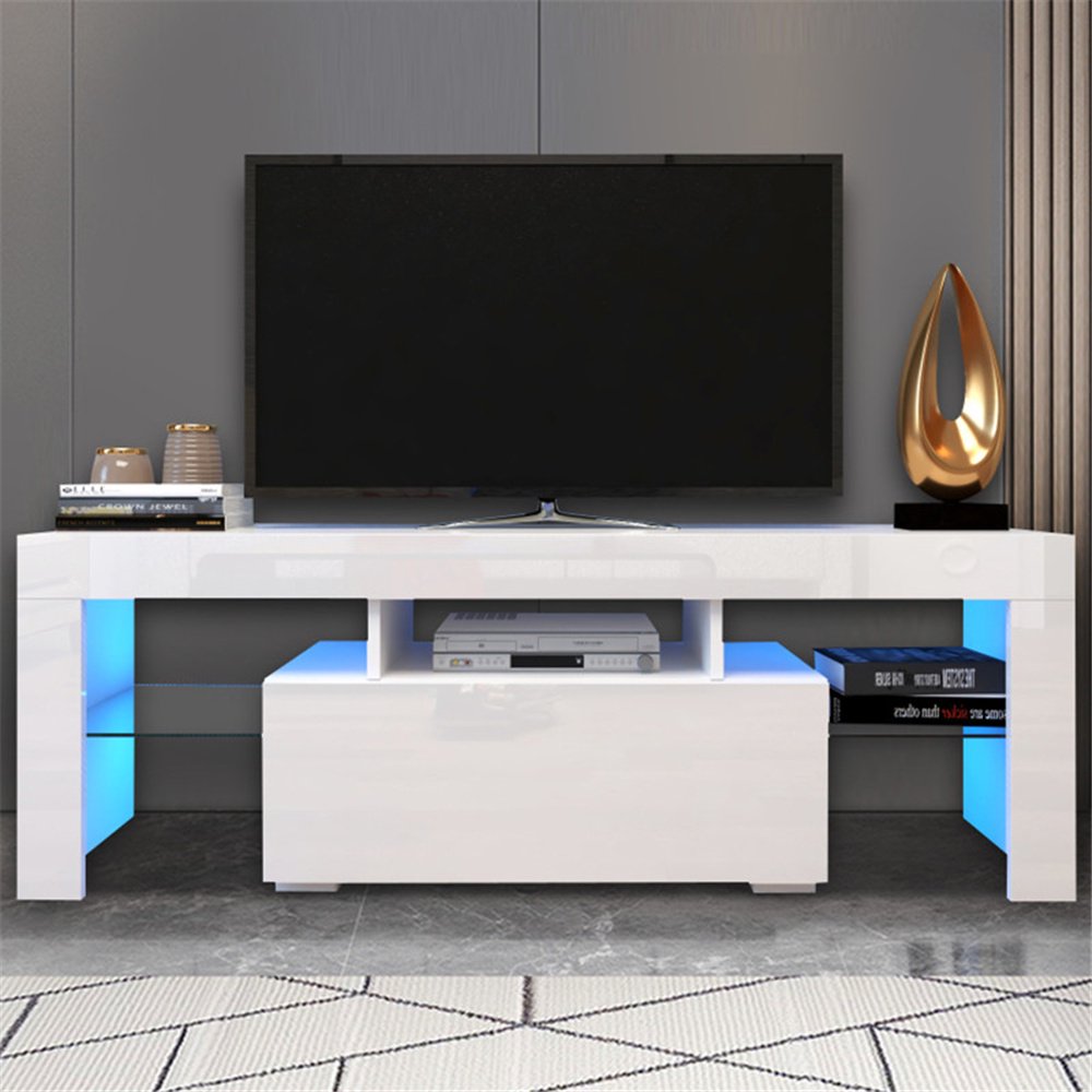 White TV Console, SEGMART Modern TV Stand Table with LED Lights, High ...