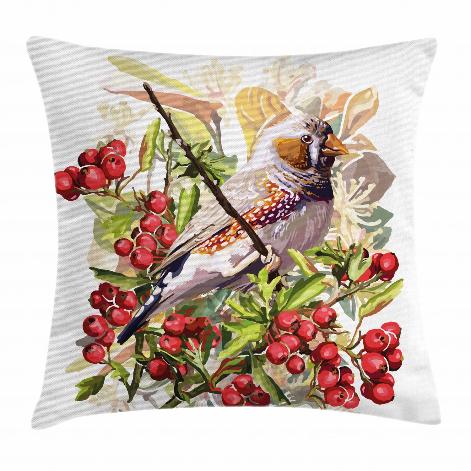 Rowan Throw Pillow Cushion Cover, Colorful Bird Flower and Rowan Shrubs ...