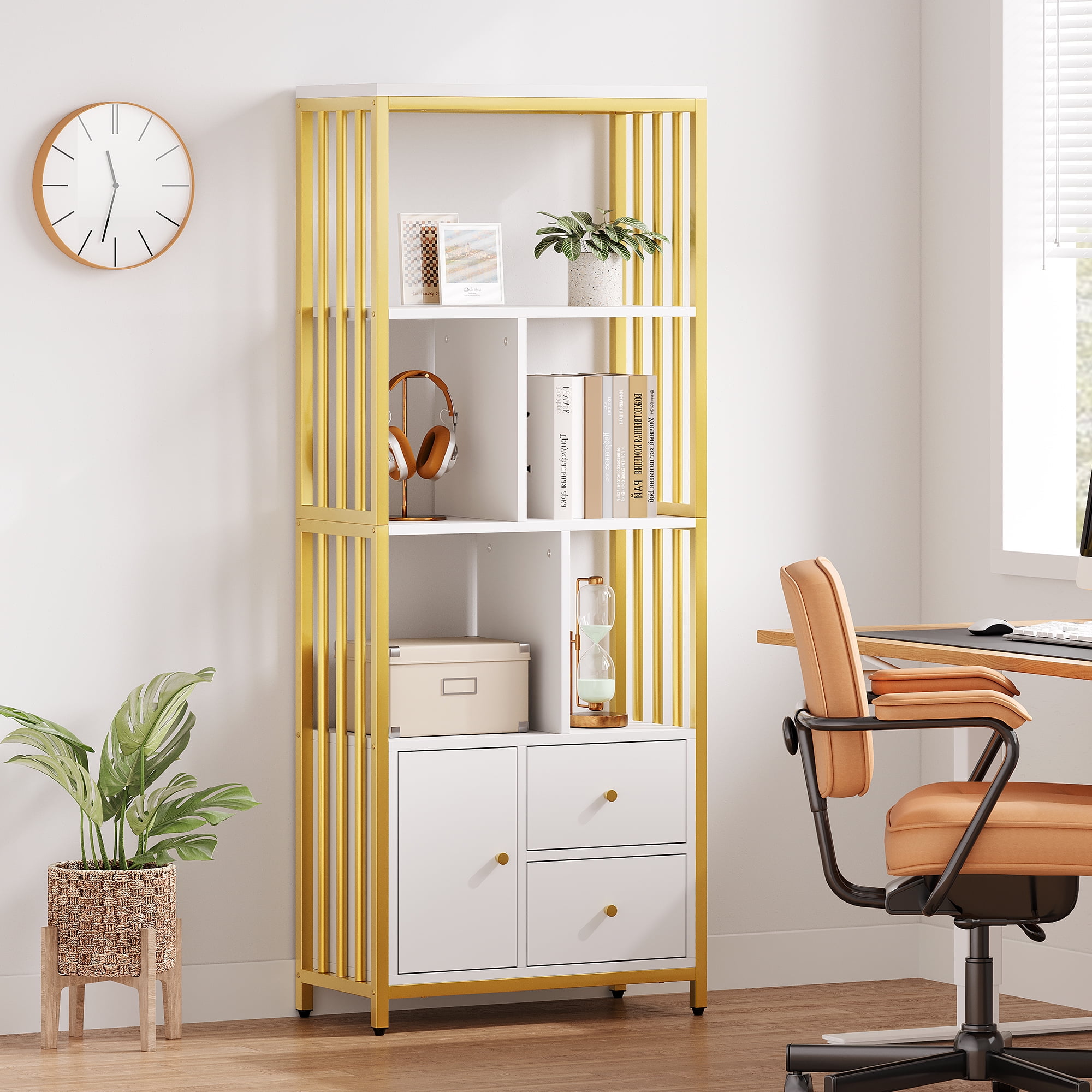 KTENME Bookshelf, Modern Bookcase with Drawers, Gold Storage Rack ...