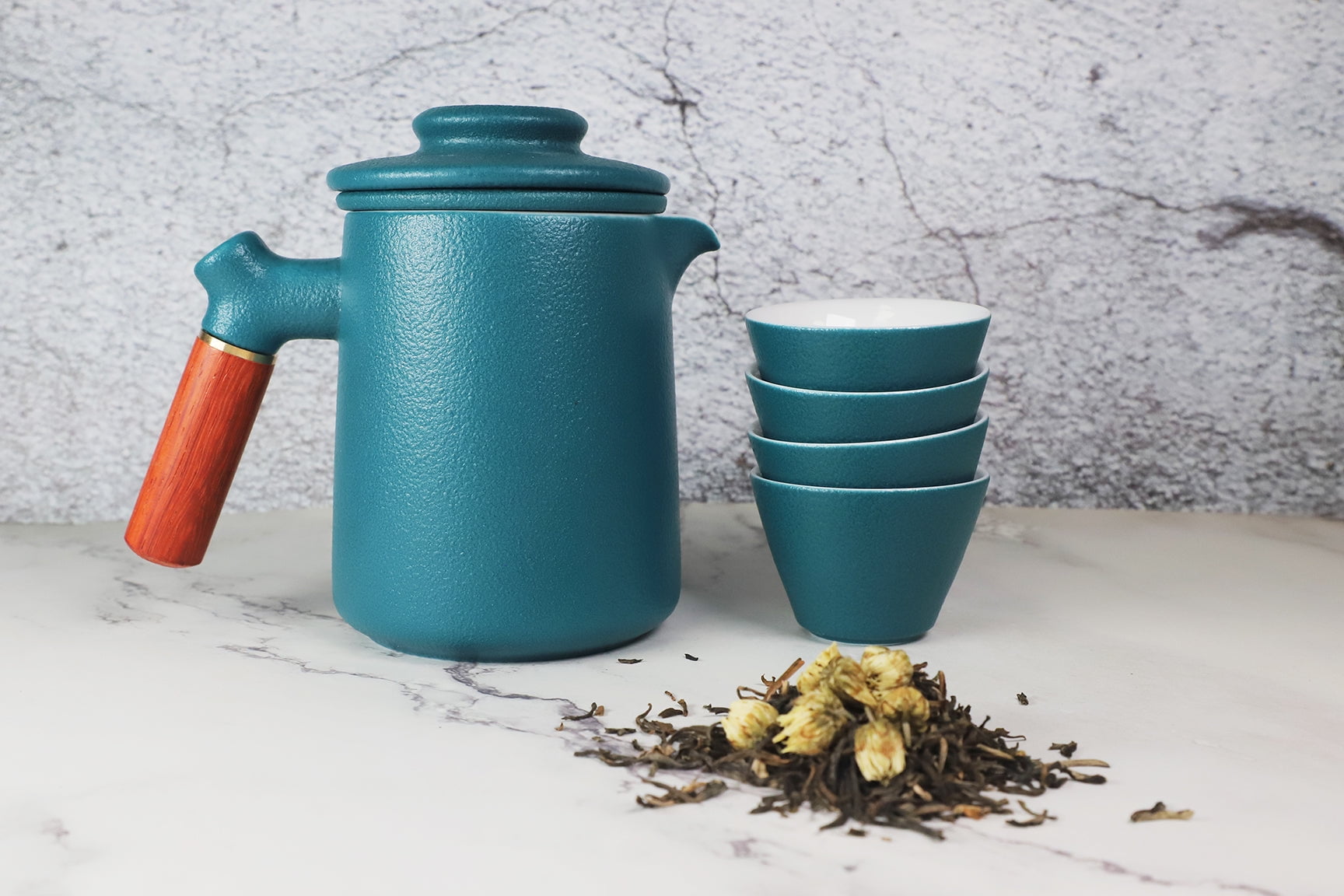 Ceramic Tea Set With 1 Teapot And 4 Cups Wooden Handle With Infuser ...