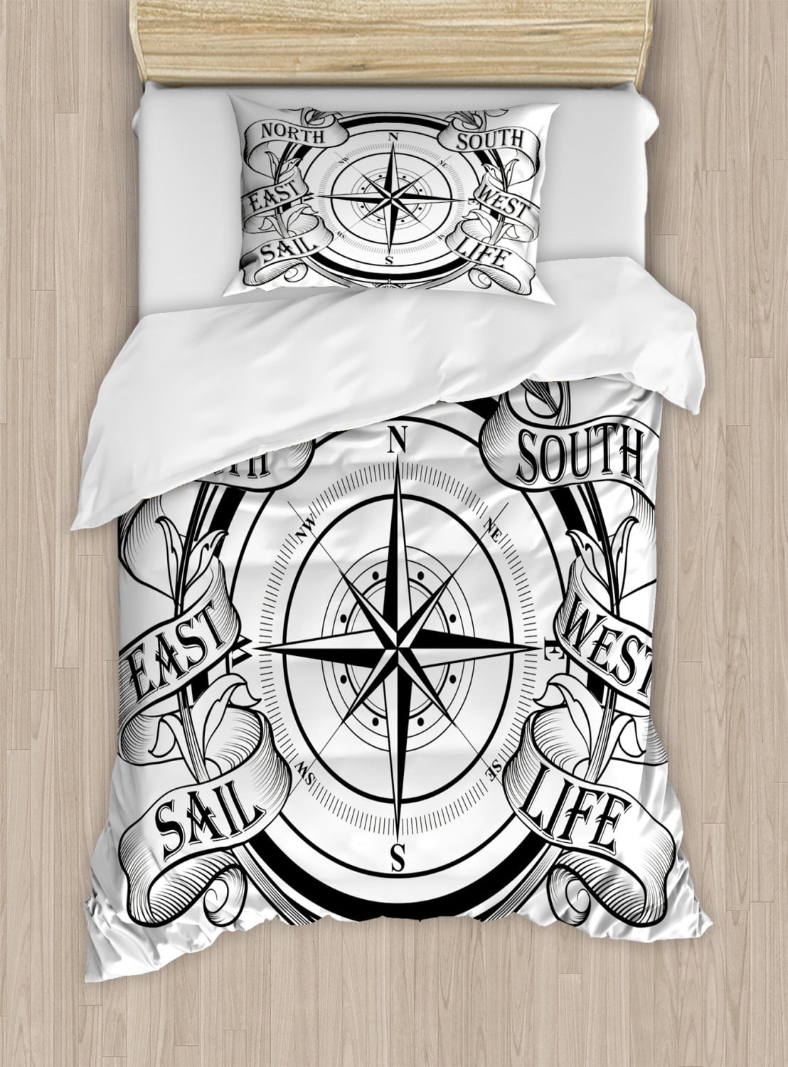 Compass Duvet Cover Set Twin Size, Navigation Device Direction Flares ...