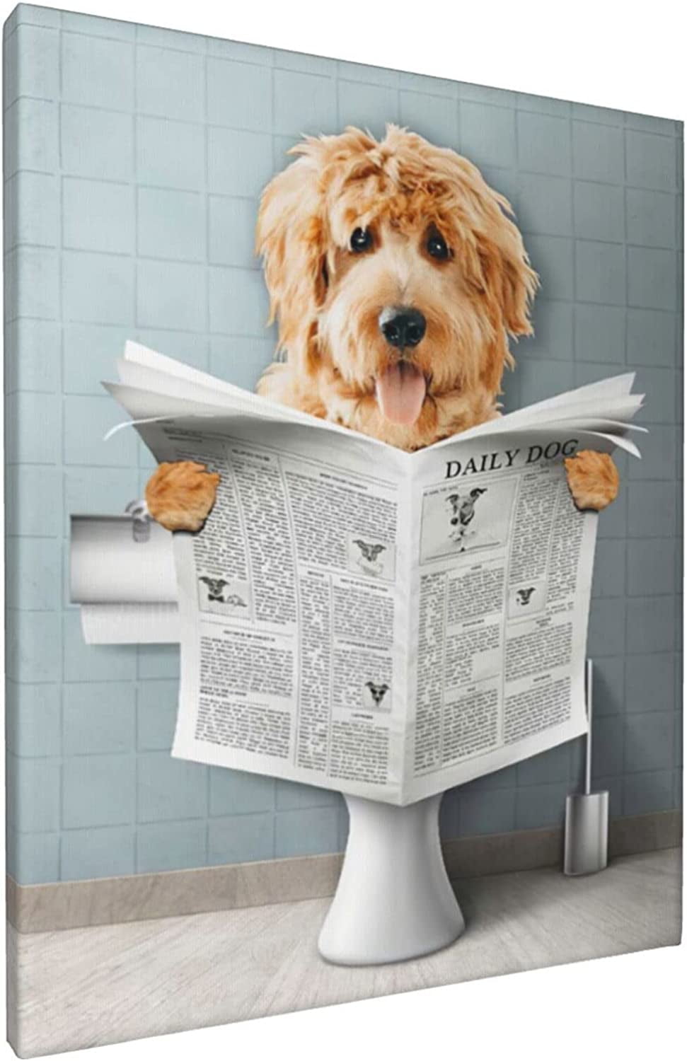 Dog On Toilet Reading Newspaper Wall Art Bathroom Decor Animal Canvas ...