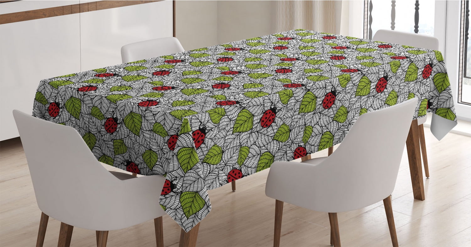 Ladybugs Tablecloth, Ecological Fresh Leaves and Ladybugs Doodle Style ...