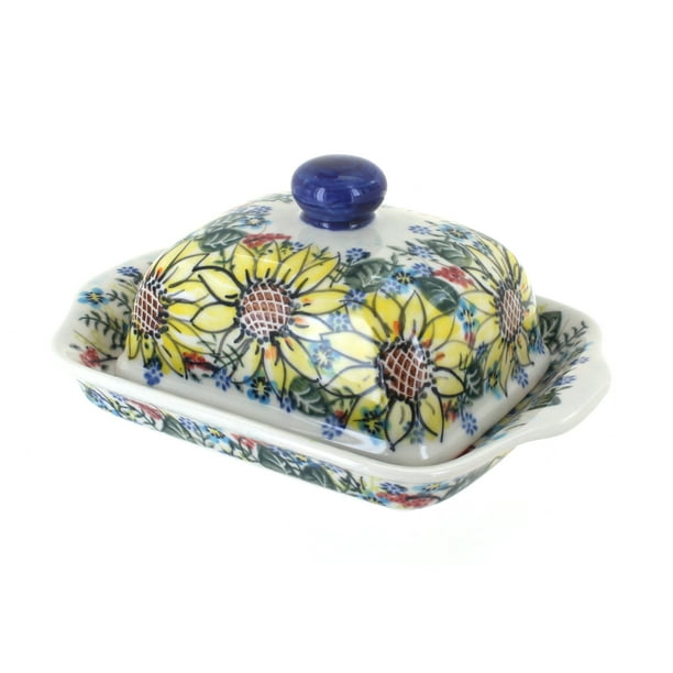 Blue Rose Polish Pottery Sunflower Maze Square Butter Dish - Walmart.com