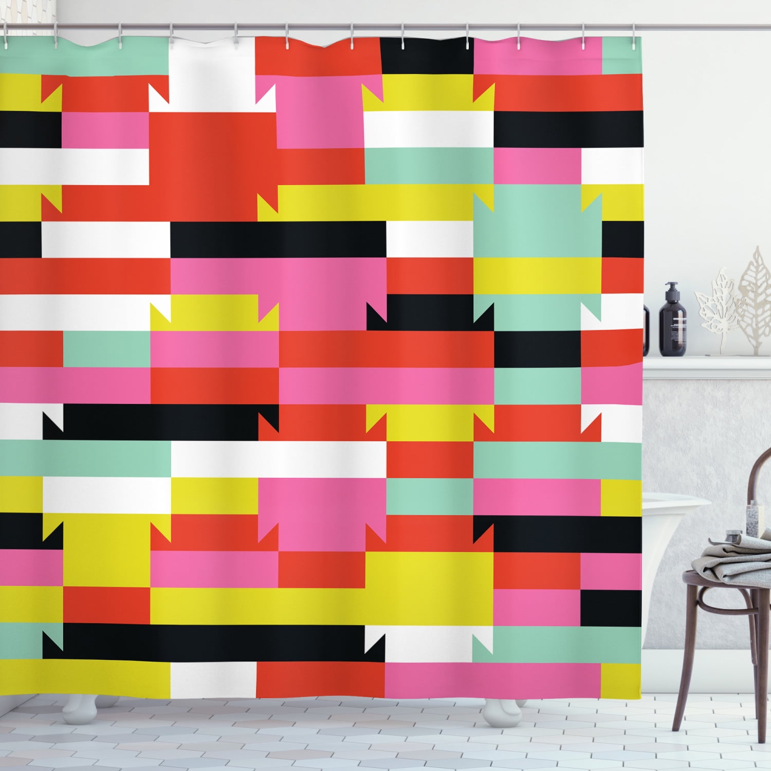 Colorful Shower Curtain, Geometric Bold Blocks with Lines Stripes ...