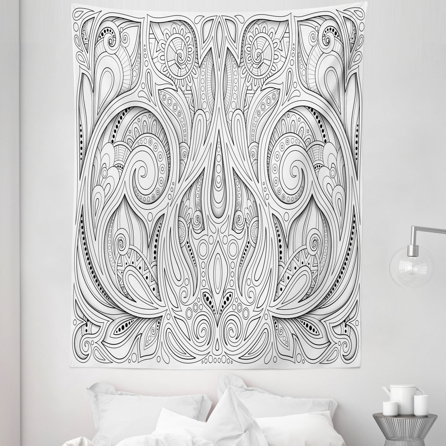 Bohemian Art Tapestry, Monochromatic Look Zentangle Ornament Jumble ...