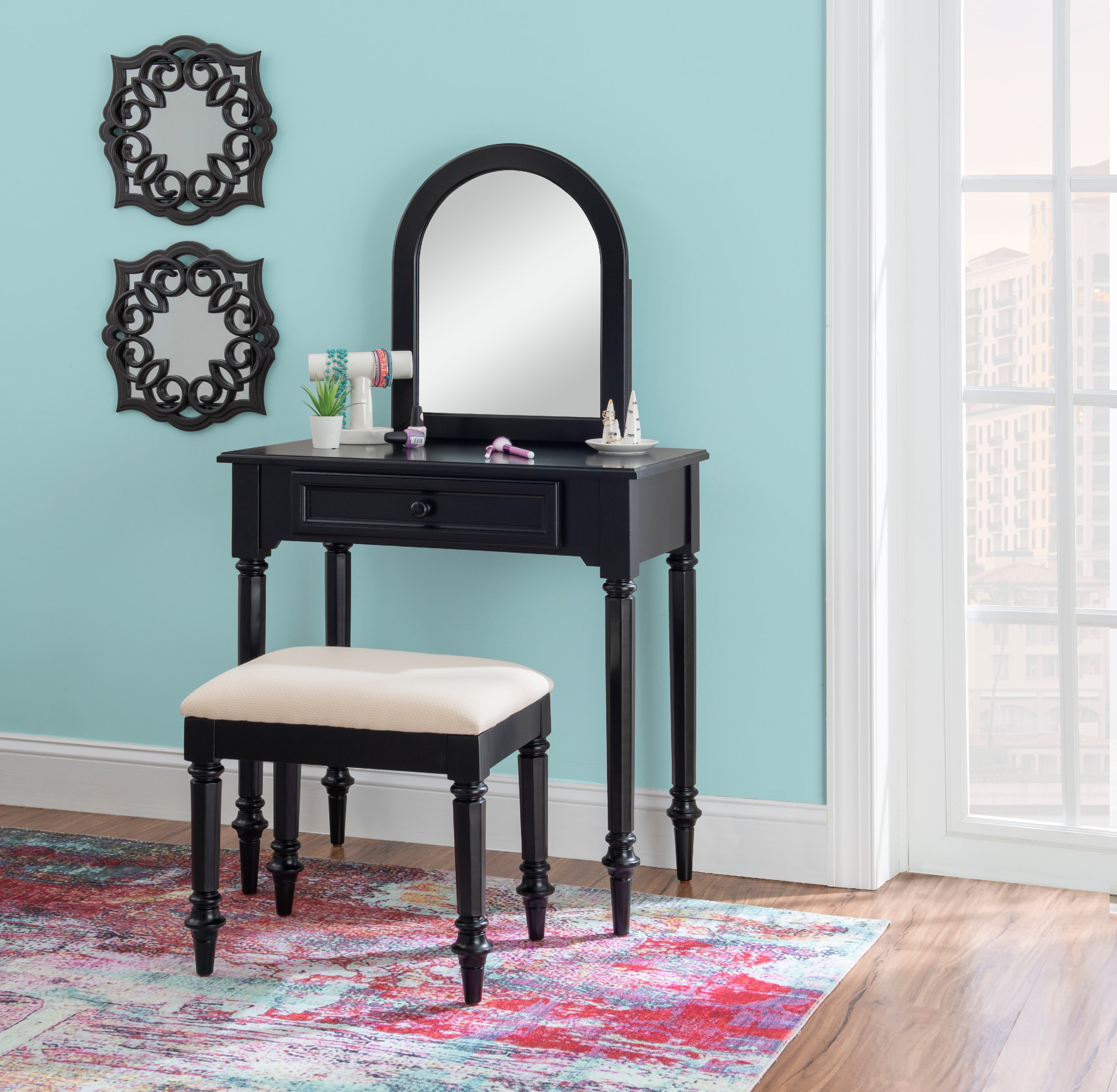 Powell Furniture Blackledge Mirror Vanity Set with Stool & Drawer ...