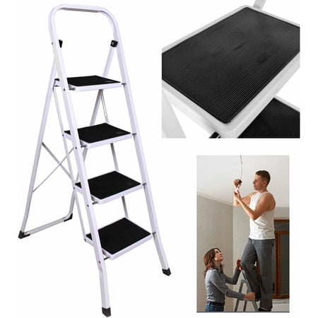 Folding Ladder 4 Step Heavy Duty Steel Stepladders 4 Tread Foldable ...