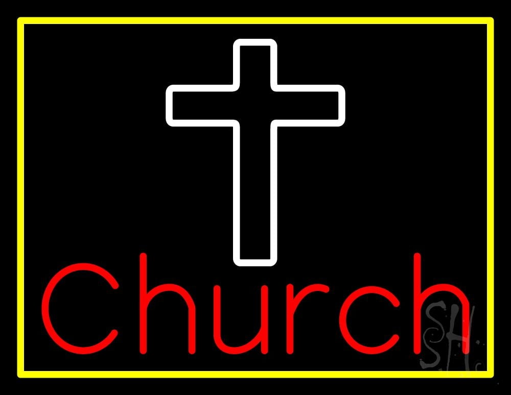 Church With Cross Yellow Border LED Neon Sign 15" Tall x 19" Wide ...