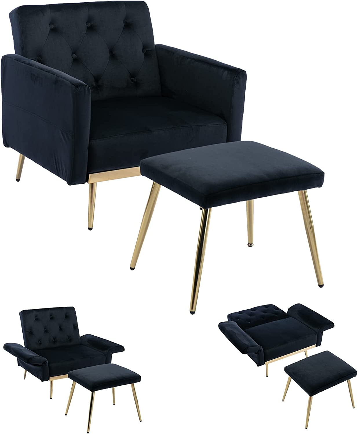 UPYOOE Accent Chairs Living Room,Black Velvet Chair with Ottoman ...