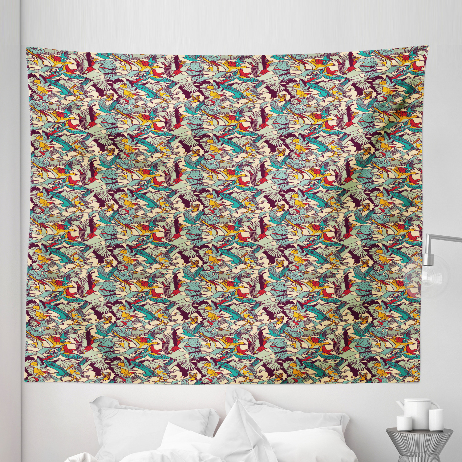 Birds Tapestry, Colorful Clutter of Flying Creatures in Vintage Cartoon ...