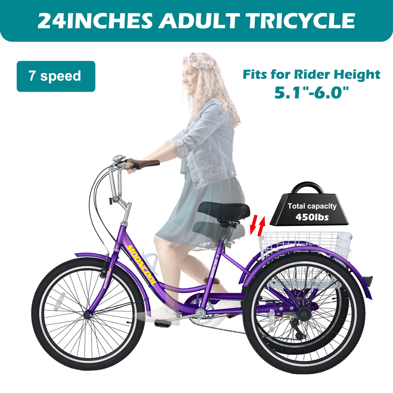 Lilypelle Adult Tricycles Unisex,24" Wheels 7 Speed Cruiser Trike Bike ...