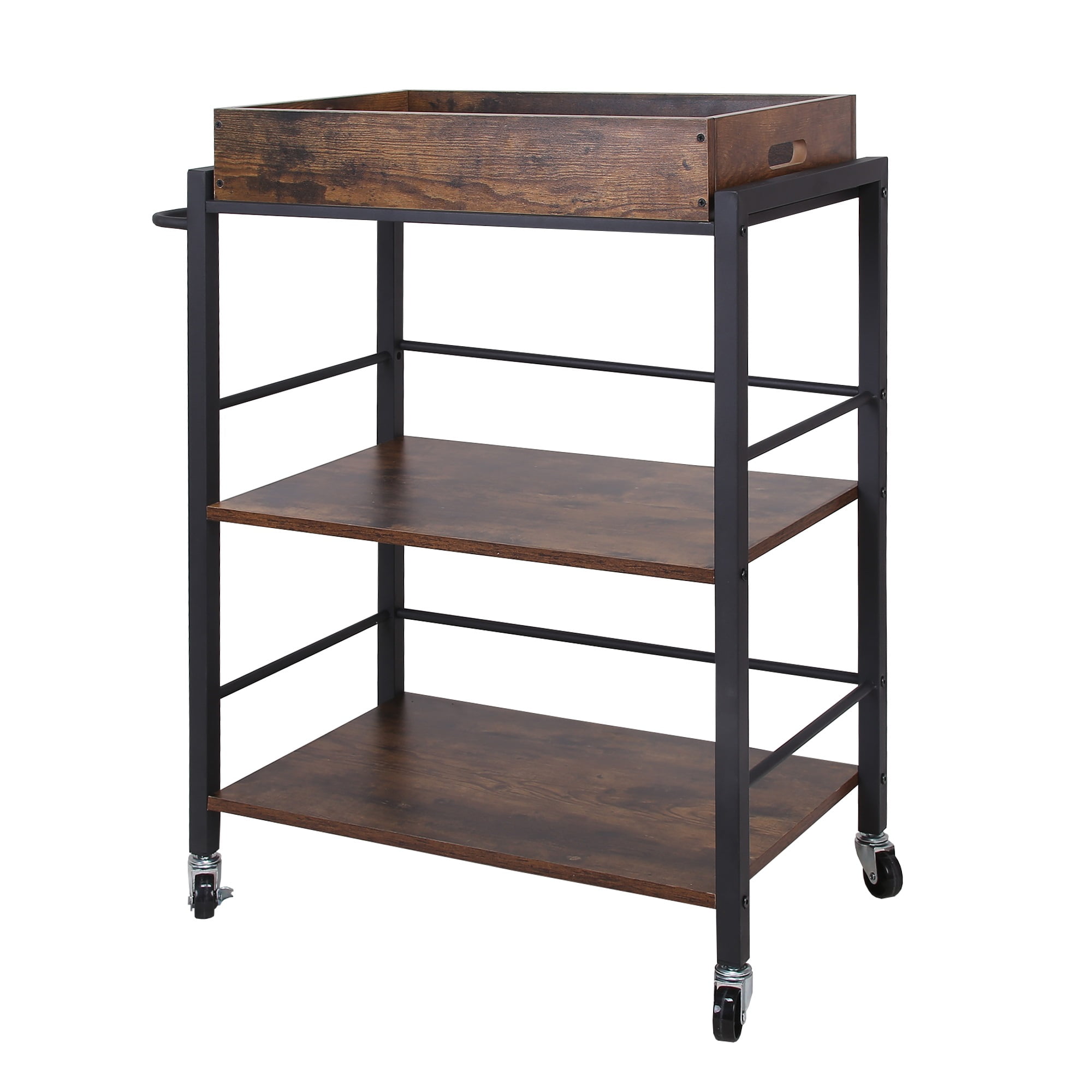 Tray Top Wooden Kitchen Cart with 2 Shelves and Casters, Brown and ...
