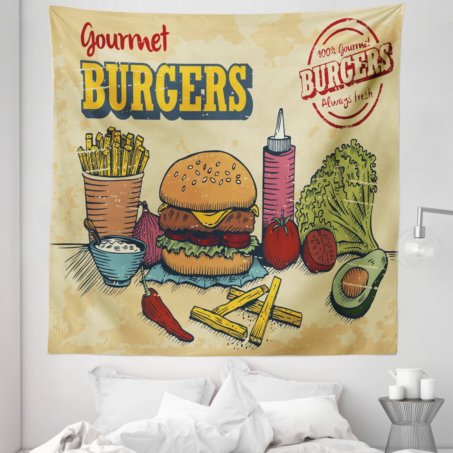 Hamburger Tapestry, Retro Hand Drawn Style Burger and Ingredients ...