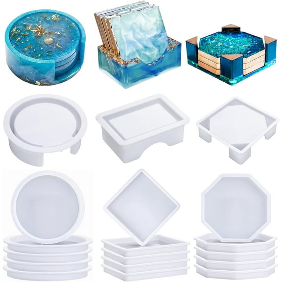 18 Pcs Coaster Resin Molds Silicone, Coaster Molds with Round Square ...