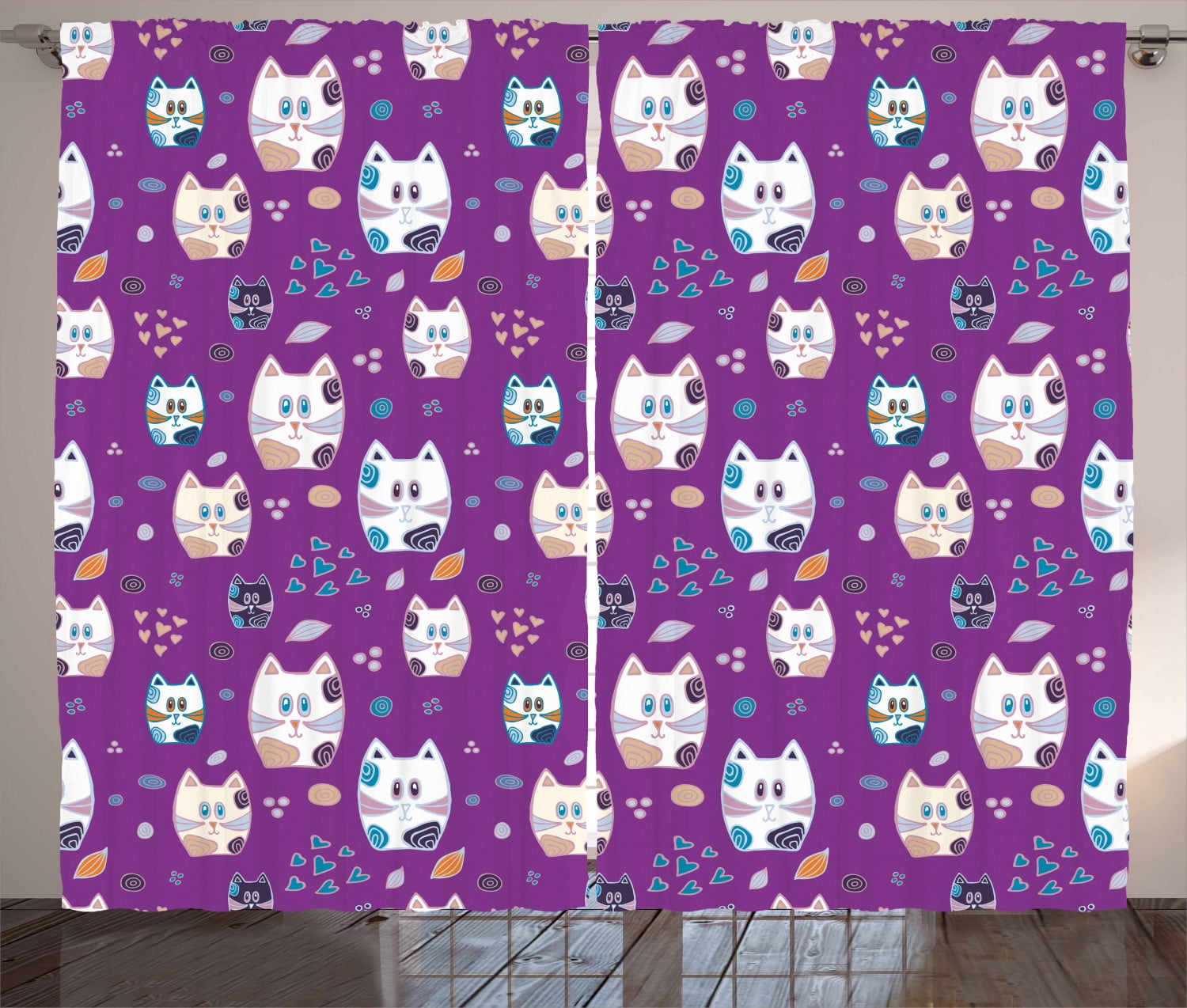 Cat Curtains 2 Panels Set, Doodle Cartoon Design Lovely Baby Kittens ...