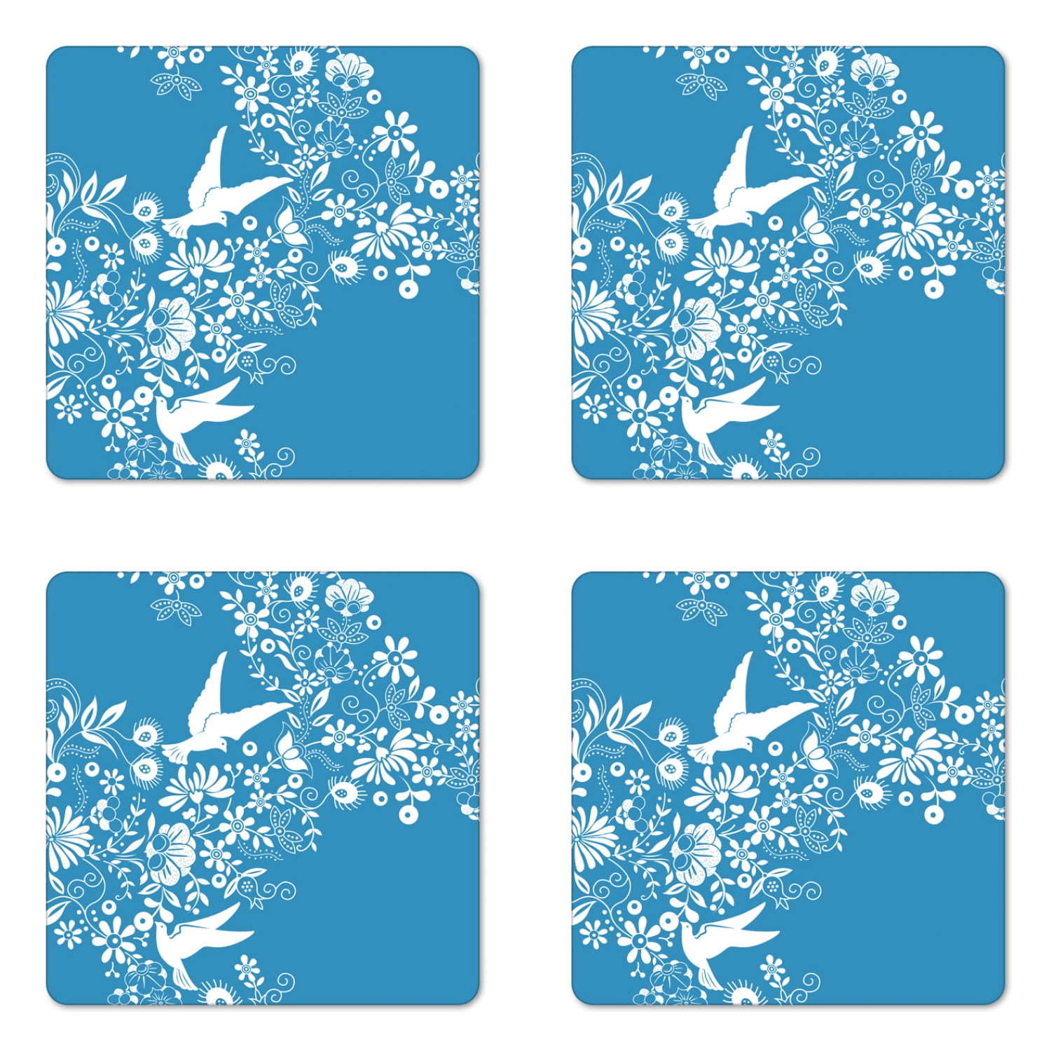 Blue Coaster Set of 4, Ornamental Blooming Flowers on Branches with ...