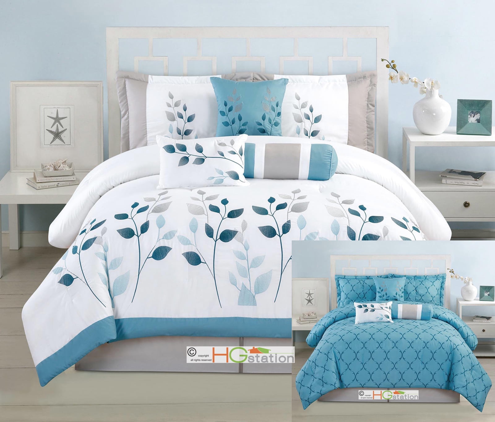 7-Pc Embroidery Floral Leaves Scroll Trellis Reversible Comforter Set ...