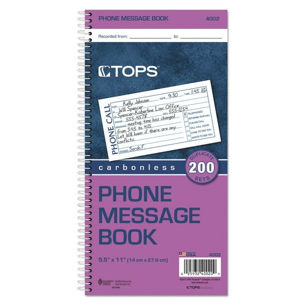 Tops TOP4002 Phone Message Book- 4 Calls-Pg- 200 Sets- 11 in. x 5.5 in ...