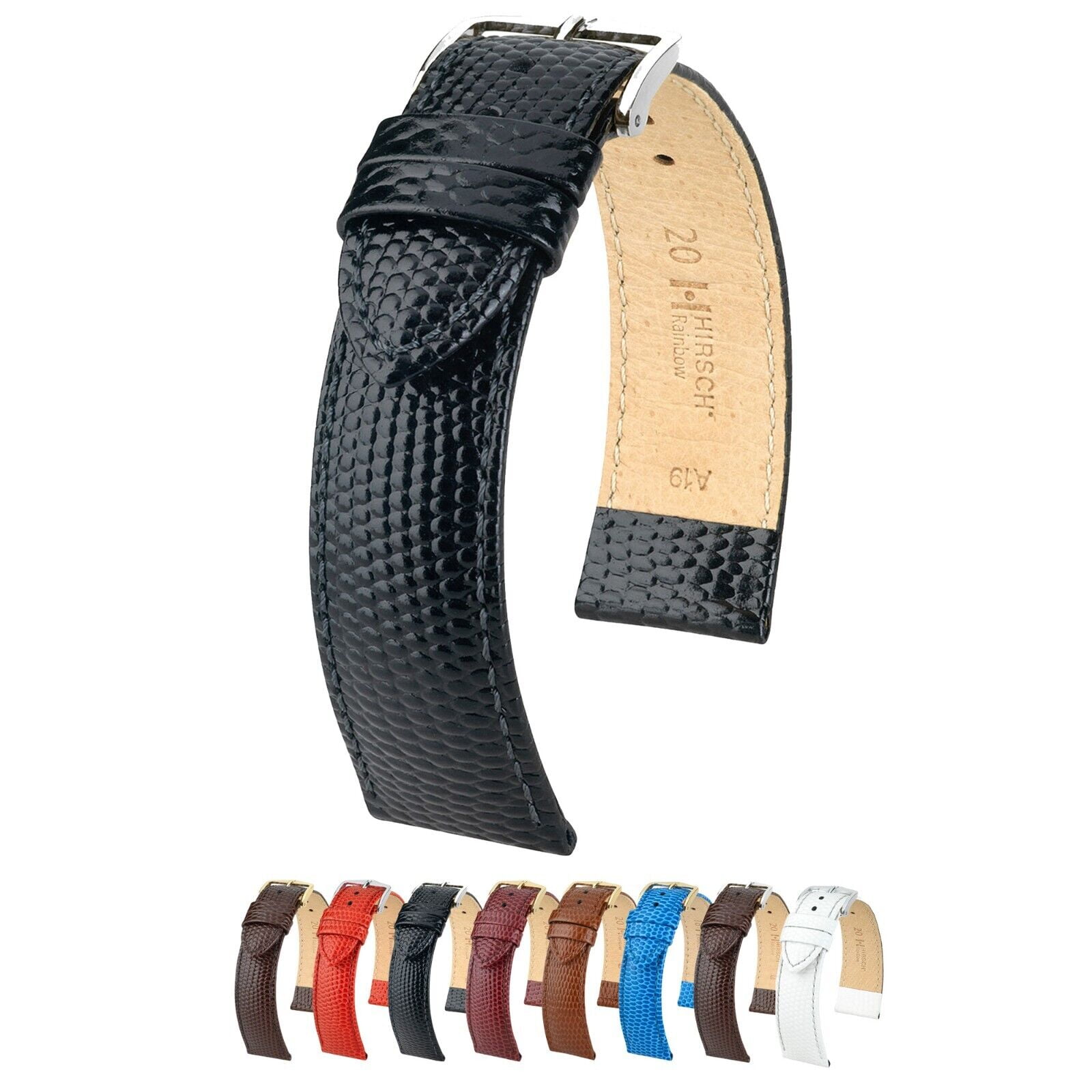 Hirsch Rainbow Lizard Embossed Grain Leather Watch Strap - Black - M ...