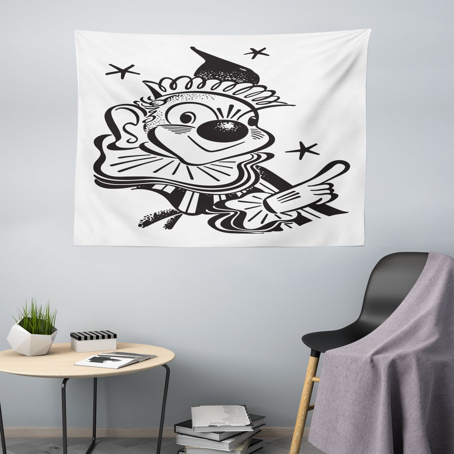 Circus Tapestry, Pattern of a Funny Clown Portrait Pointing Stars ...