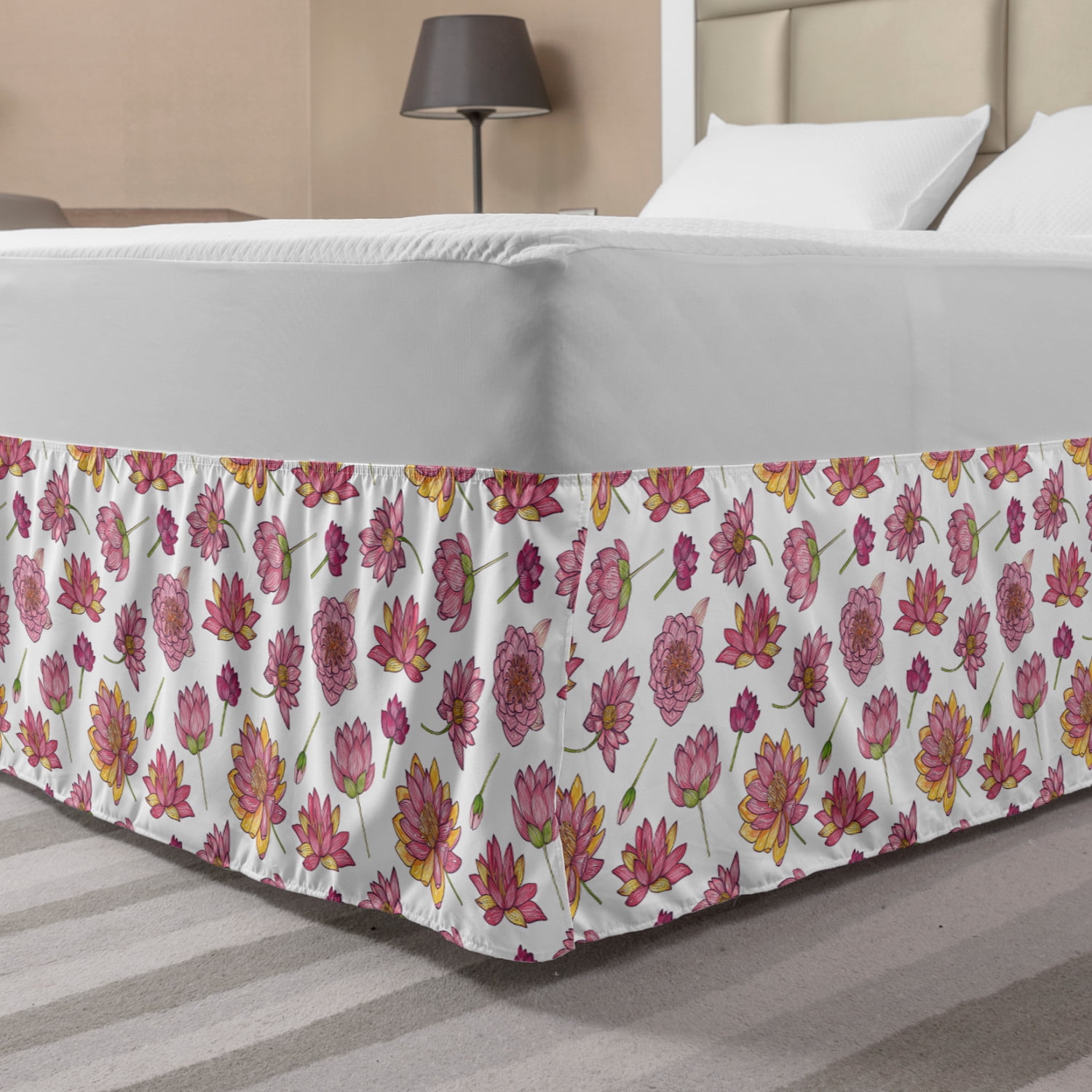 Lotus Flower Bed Skirt, Pattern with Pink Blossoms in Hand Drawn Style ...