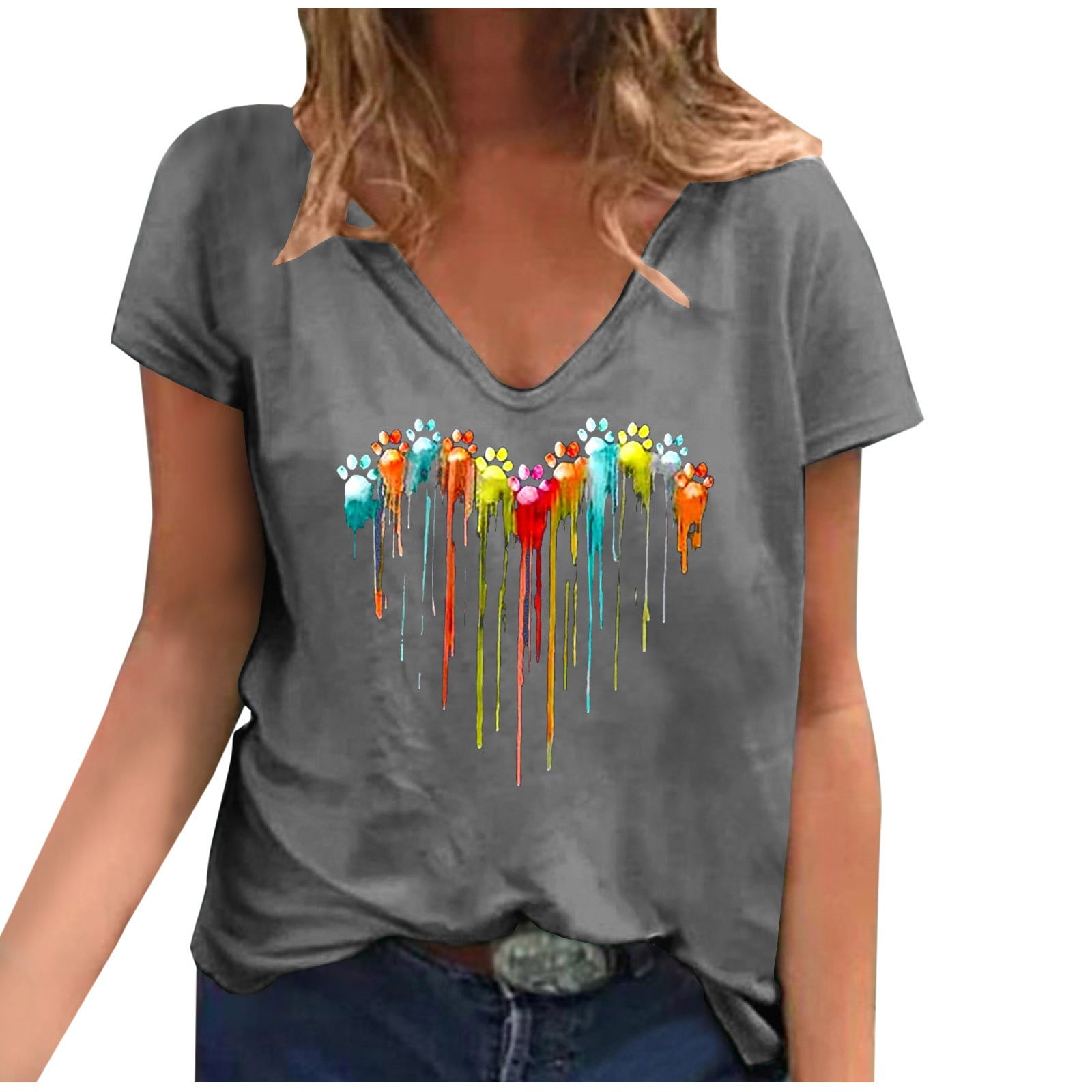 Dianli Casual Tops Heart Print V Neck Fashion Loose Oversize Cute Party