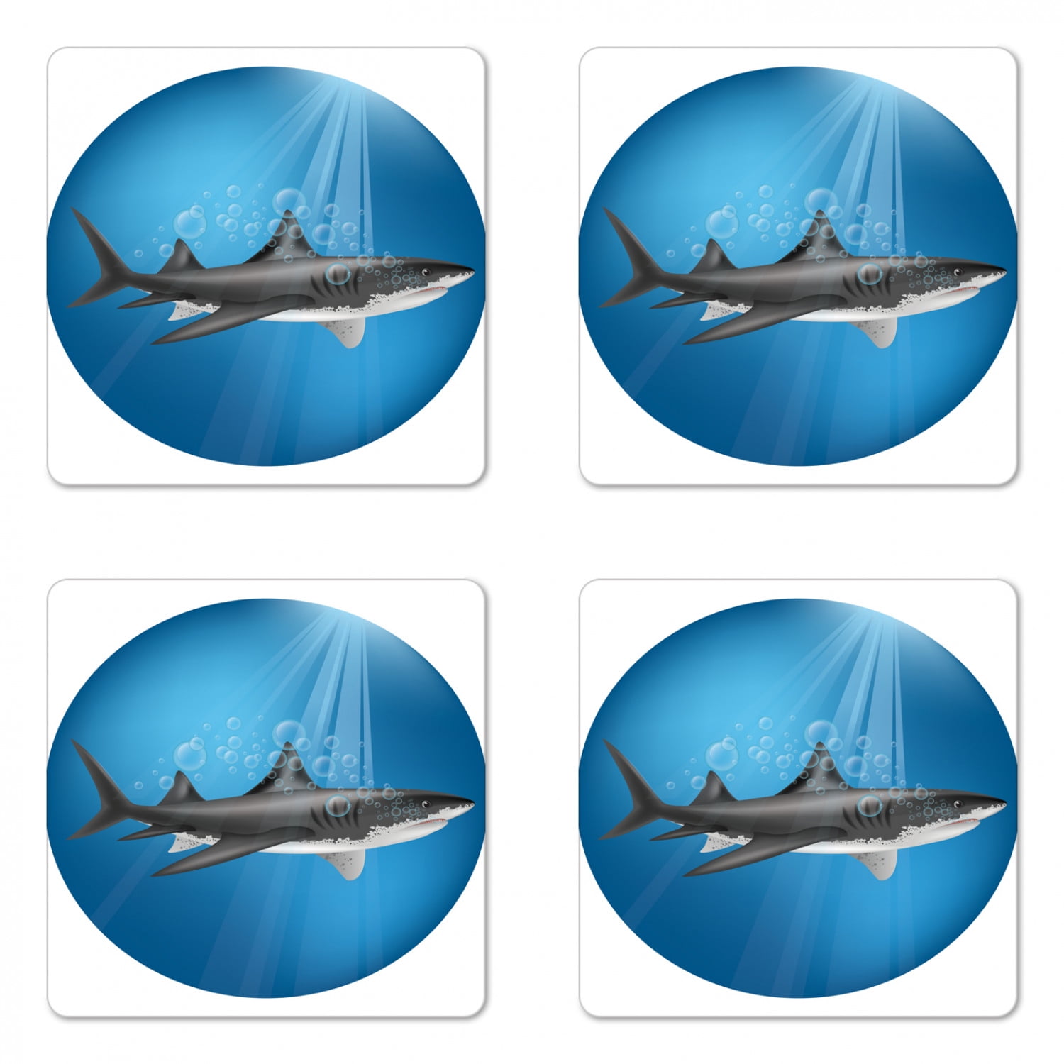 Shark Coaster Set of 4, Shark in Sea with Sun Rays in Circle Aquatic ...