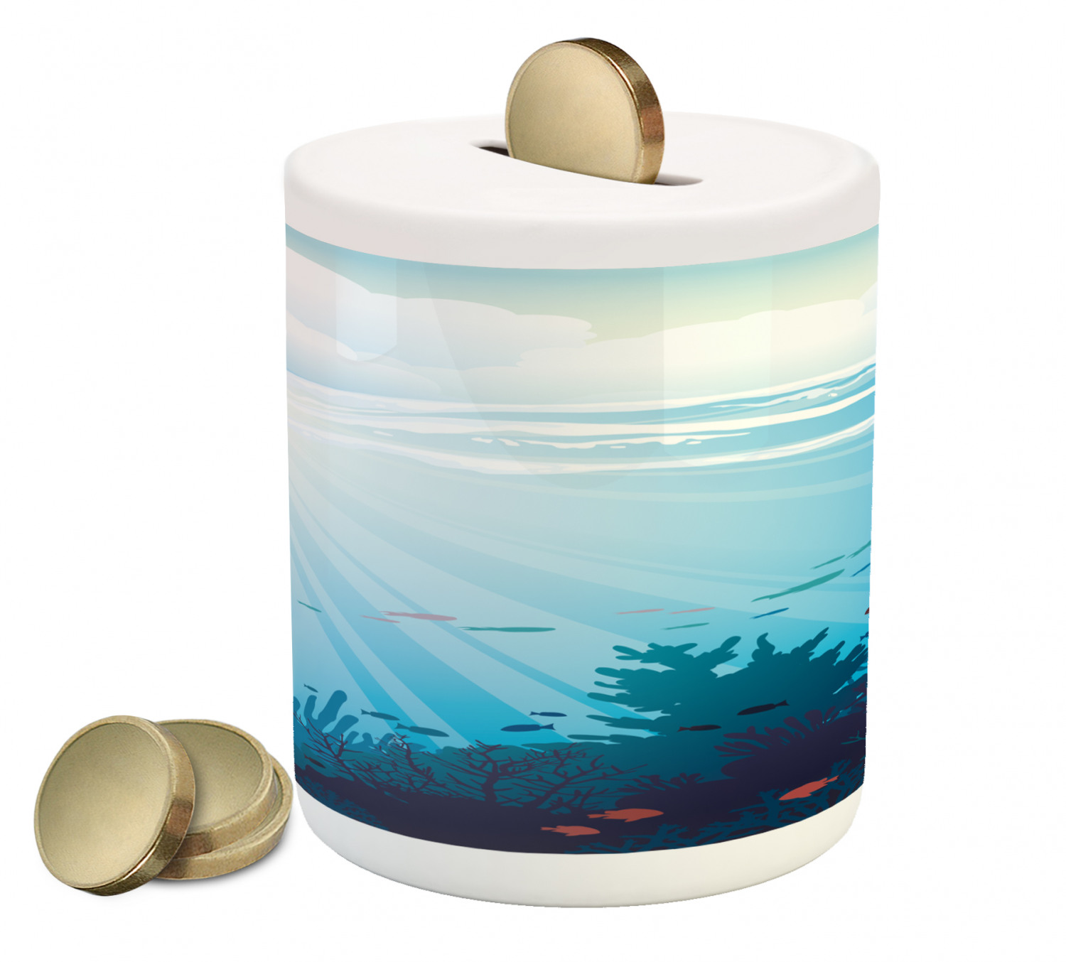 Cartoon Piggy Bank, Ocean Design with Fish Aquarium Image Coral Reef ...