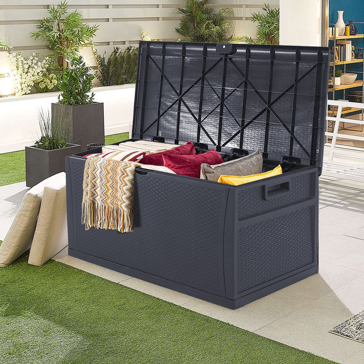 SOLAURA 120 Gallon Outdoor Storage Deck Box Patio Wicker Resin ...