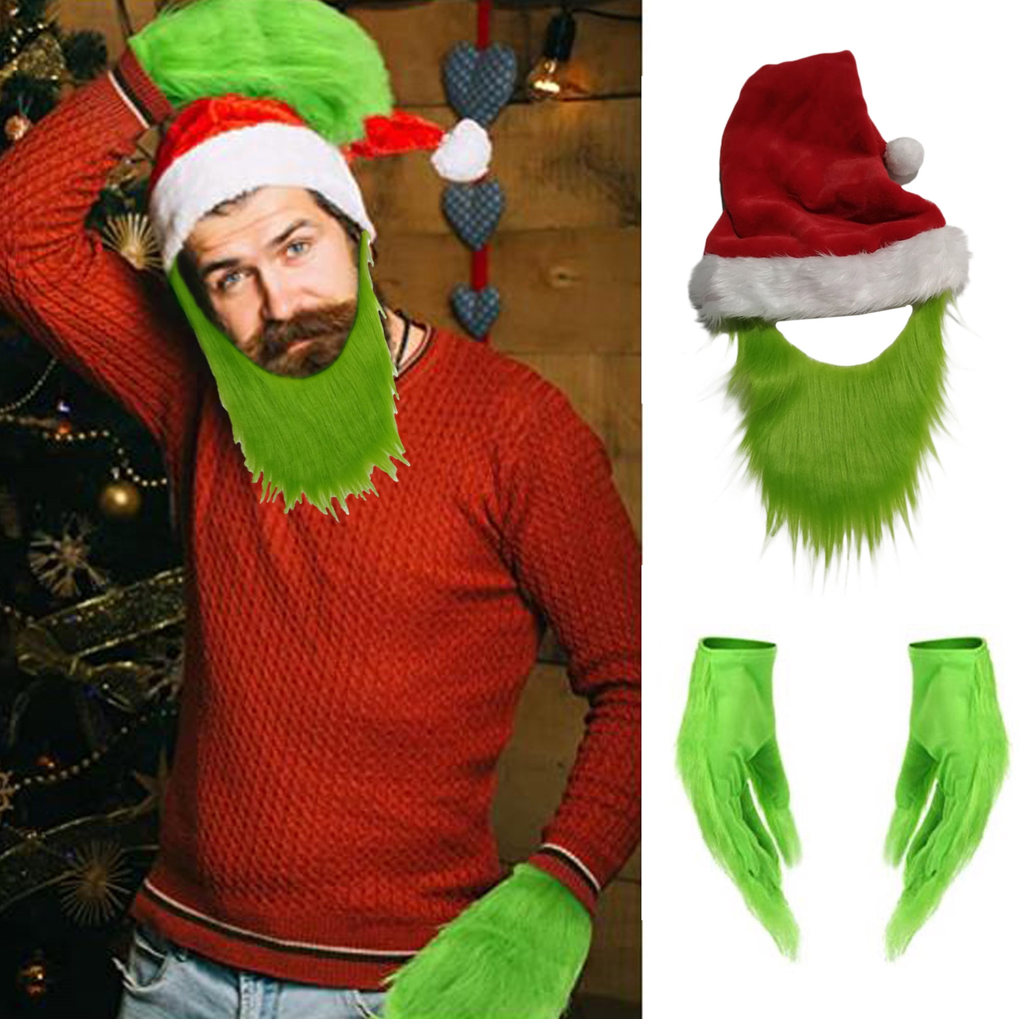 Buy Aunavey Grinch Beard Santa Hat with Green Furry Gloves for Adult ...