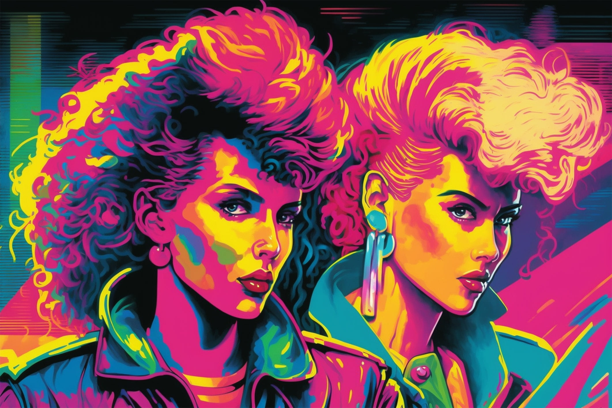 24x36 gallery poster, 1980s neon Synth pop girls in the New Wave style ...