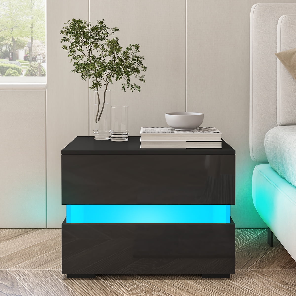 Hommpa RGB LED Nightstand 2 Drawers High Gloss Bedside Table for ...