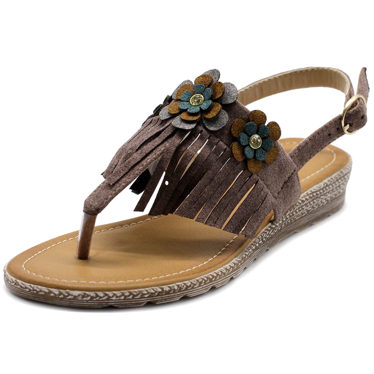 Ollio Women's Shoes Fringe Floral T-Strap Zori Flat Sandals BN07 ...