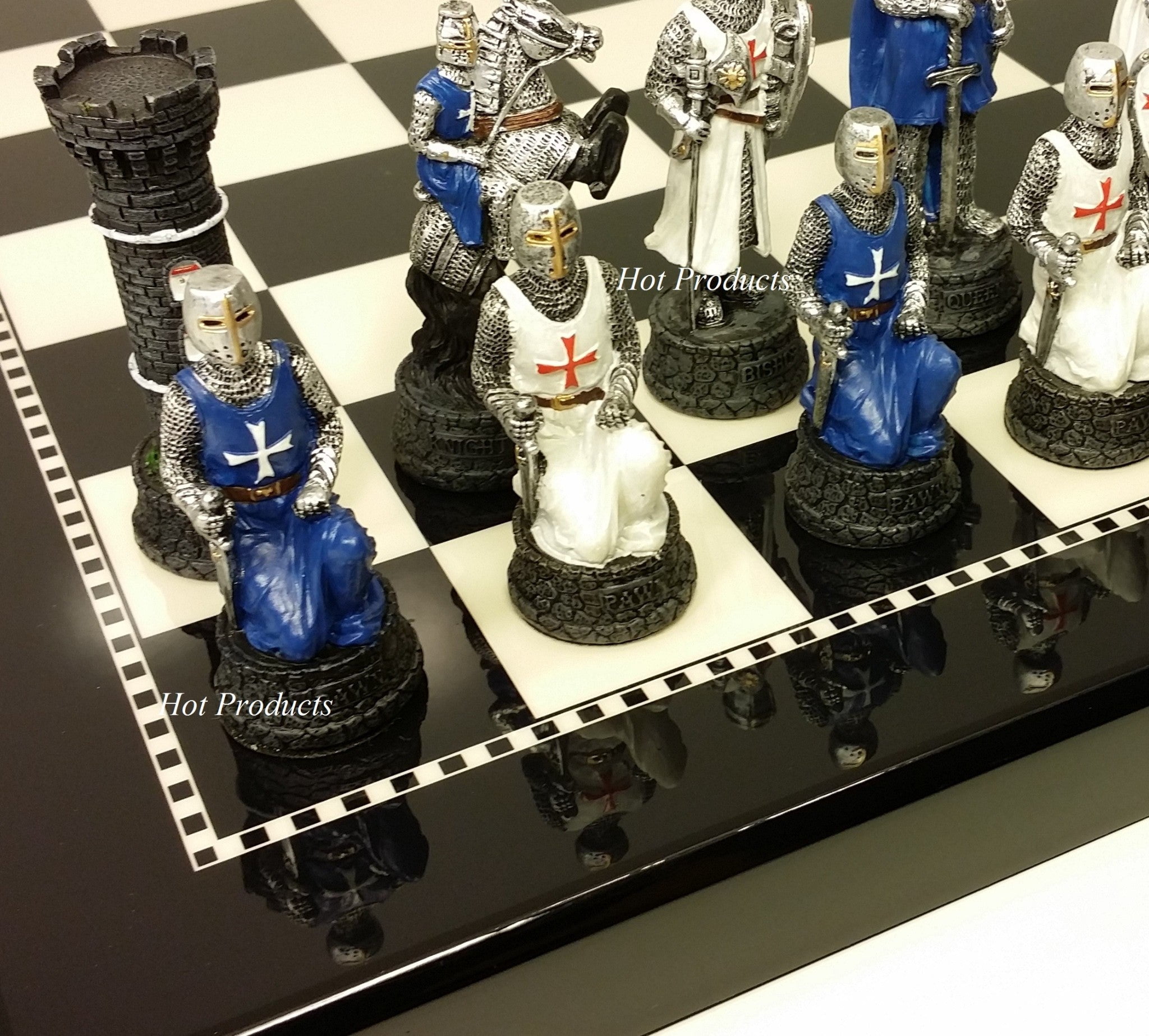 Medieval Times Crusade BLUE WHITE Maltese Knight CHESS SET 15" BLACK ...