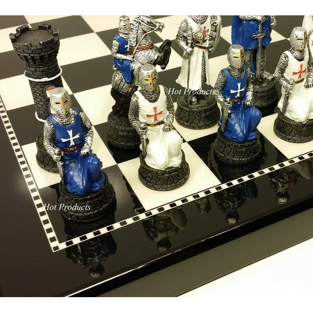 Medieval Times Crusade BLUE WHITE Maltese Knight CHESS SET 15" BLACK ...