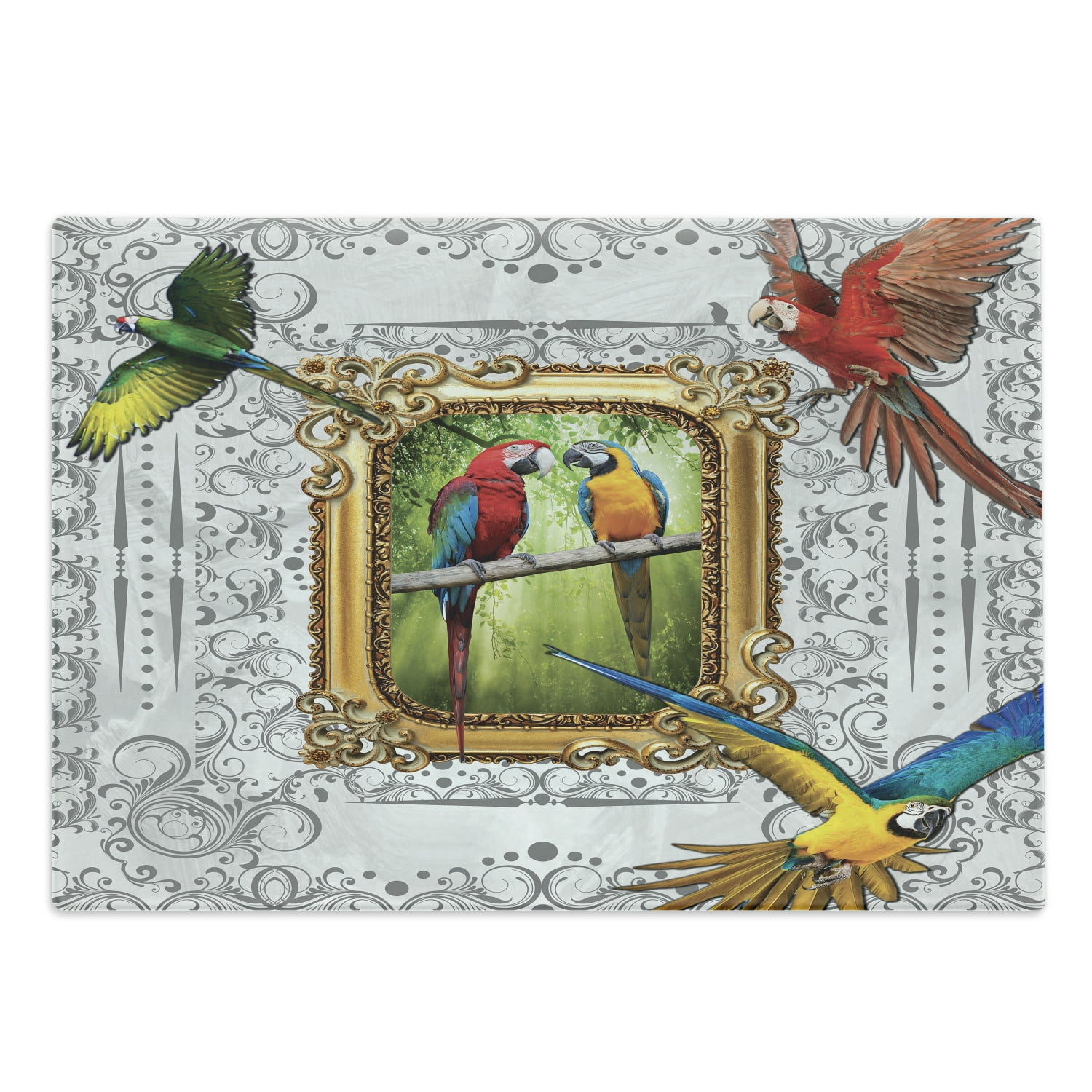 Parrot Cutting Board, Exotic Colorful Birds on Branch and Flies Photo ...