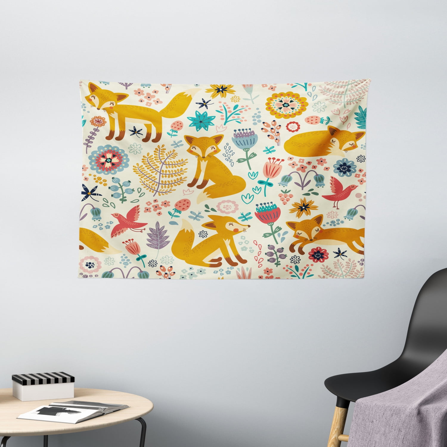 Fox Tapestry, Natural Wildlife Composition with Cute Foxes Ornate ...