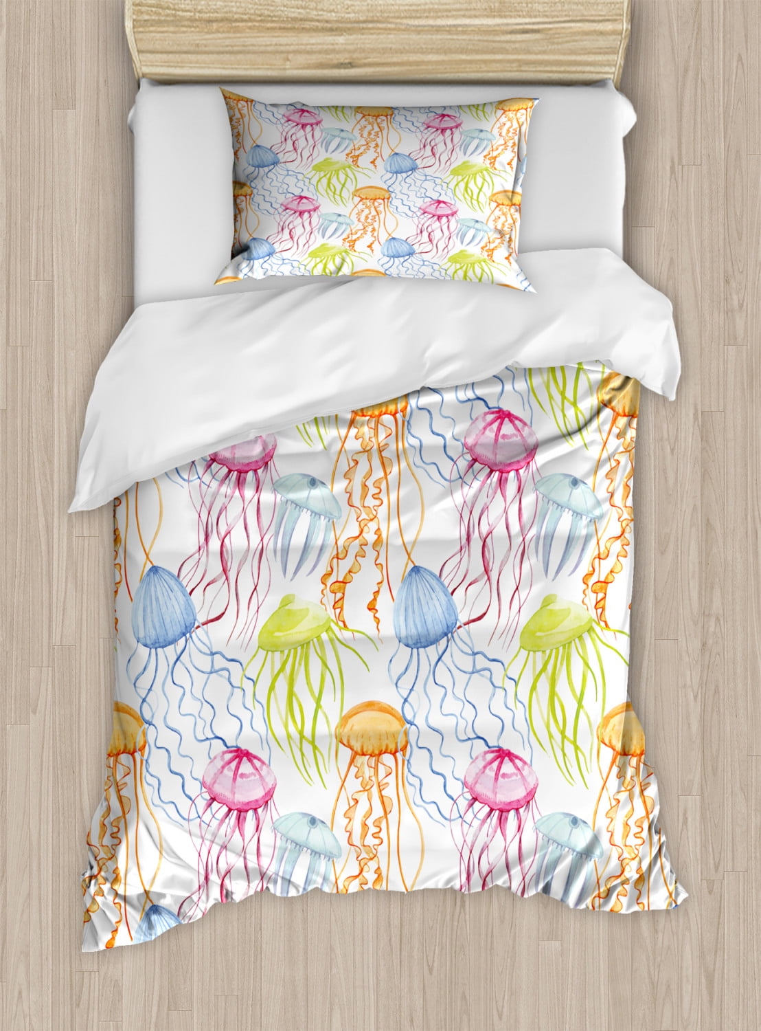 Aqua Jellyfish Duvet Cover Set Twin Size, Watercolor Design Inspired of ...