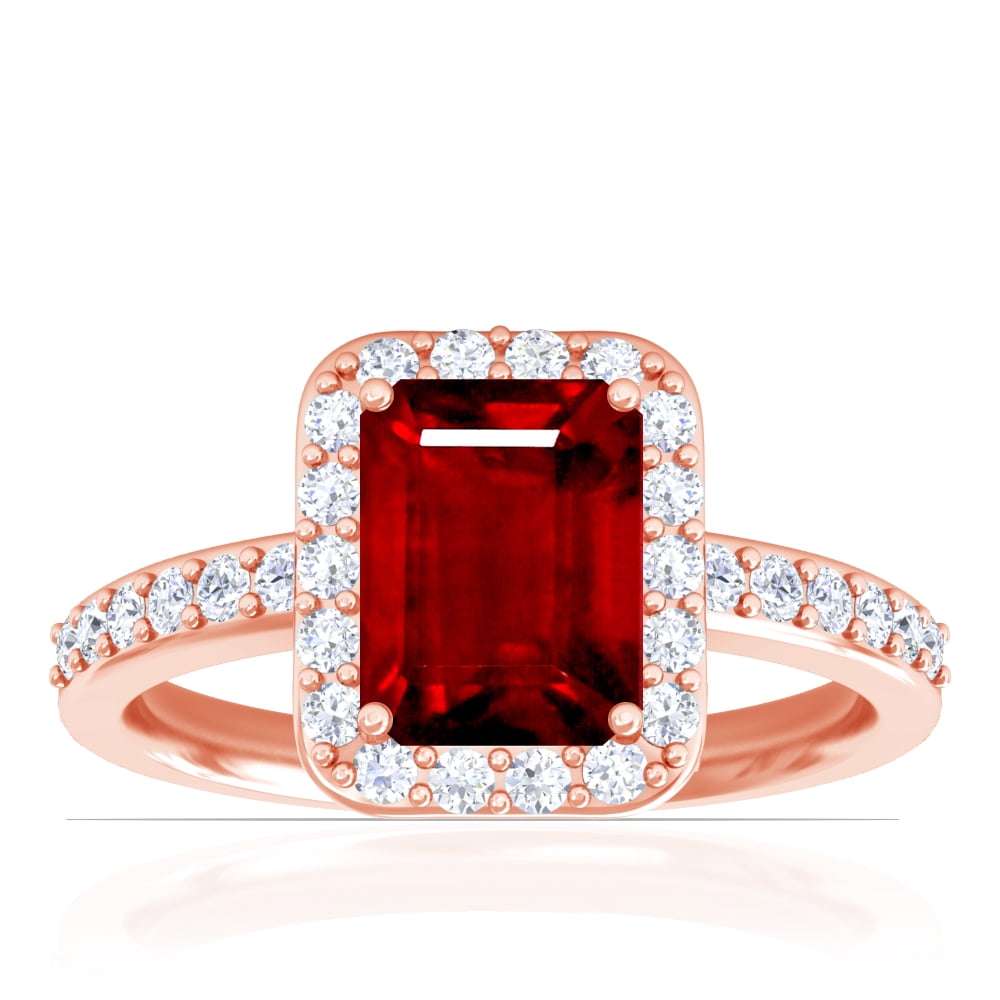GemsNY July Birthstone - Classic Emerald Cut Prong Set Ruby Halo Ring ...
