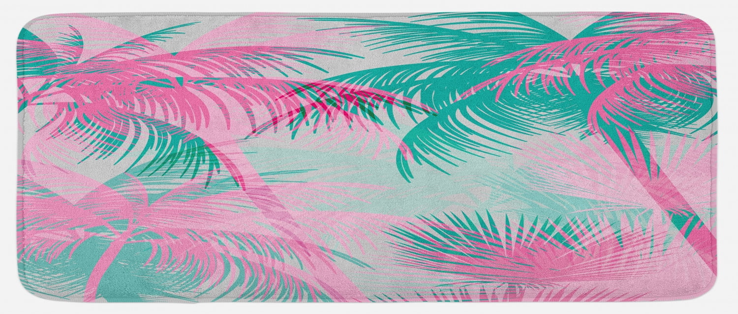 Palm Leaf Kitchen Mat, Beach Party Theme Vibrant Composition Pink and ...