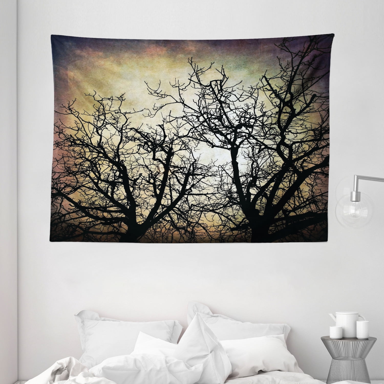 Horror Tapestry, Scary Twilight Scene with Grunge Tree Branch ...
