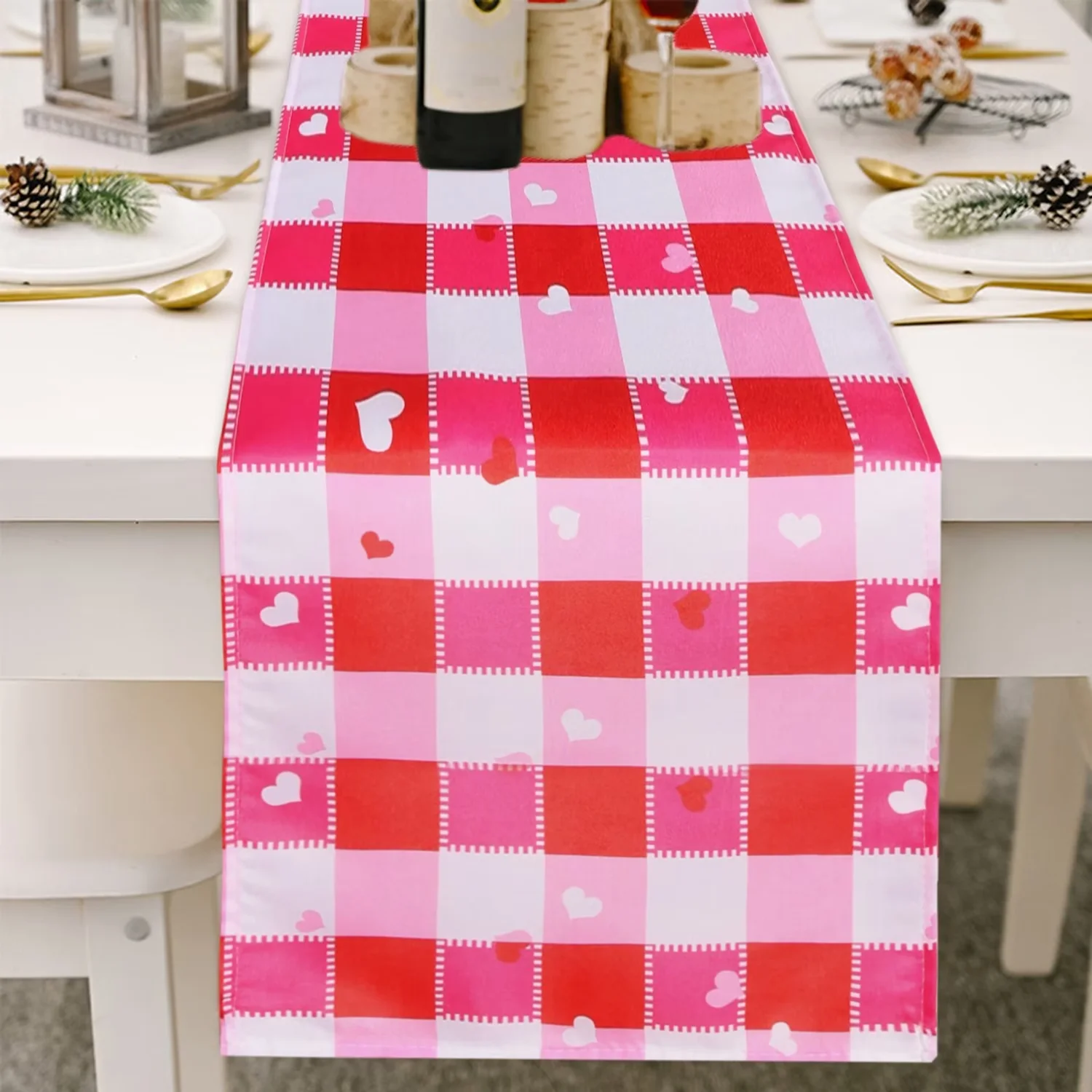 LUSHVIDA Valentine's Day Table Runner Checkered and Hearts Pattern ...