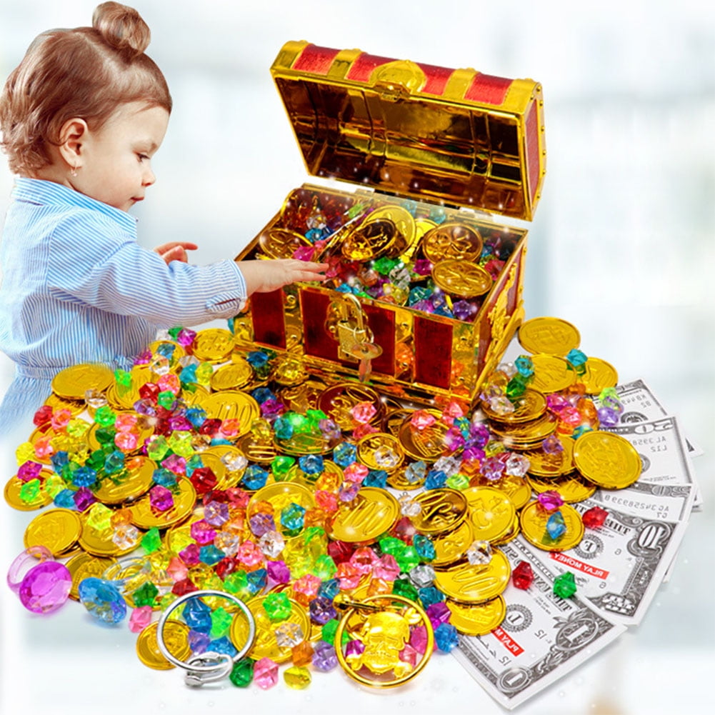 Buy Kids Pirate Treasure Chest Toy Box Gold Color with Lock for Party ...