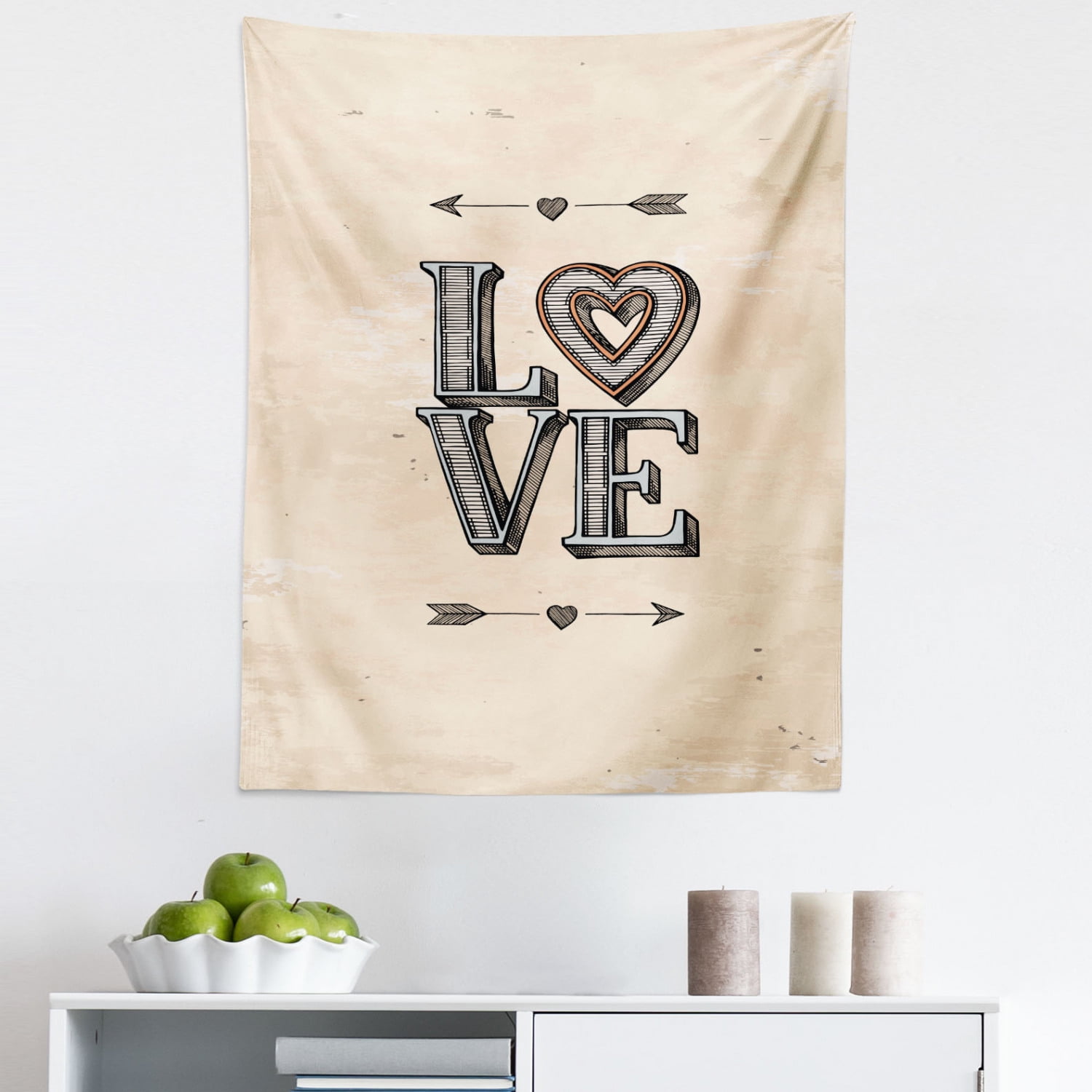 Love Tapestry, Grunge Looking Vintage Letters Heart and Arrows Boho ...