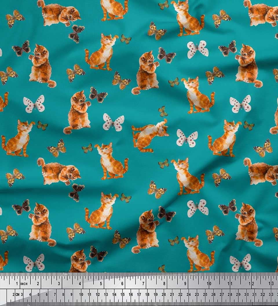 Soimoi Green Satin Silk Fabric Insect & Cat Animal Print Fabric by Yard ...