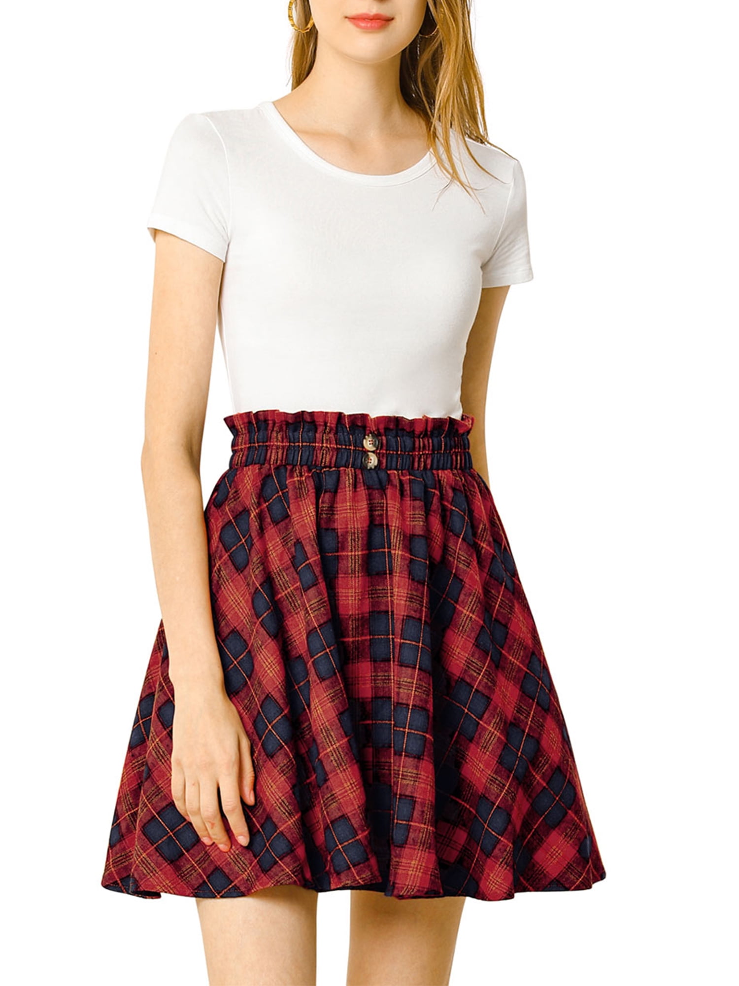 Allegra K Allegra K Womens Tartan Plaid Button Decor Skater